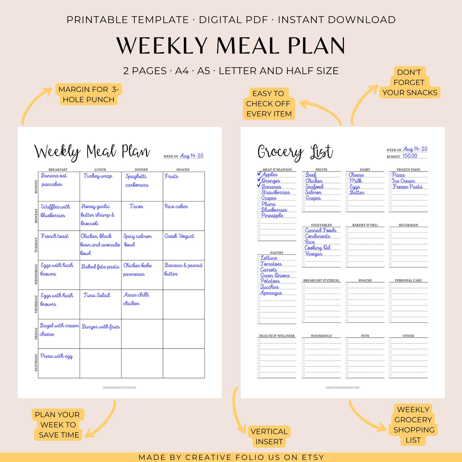 Weekly Meal Planner Printable, Grocery List Printable, Meal Plan ...