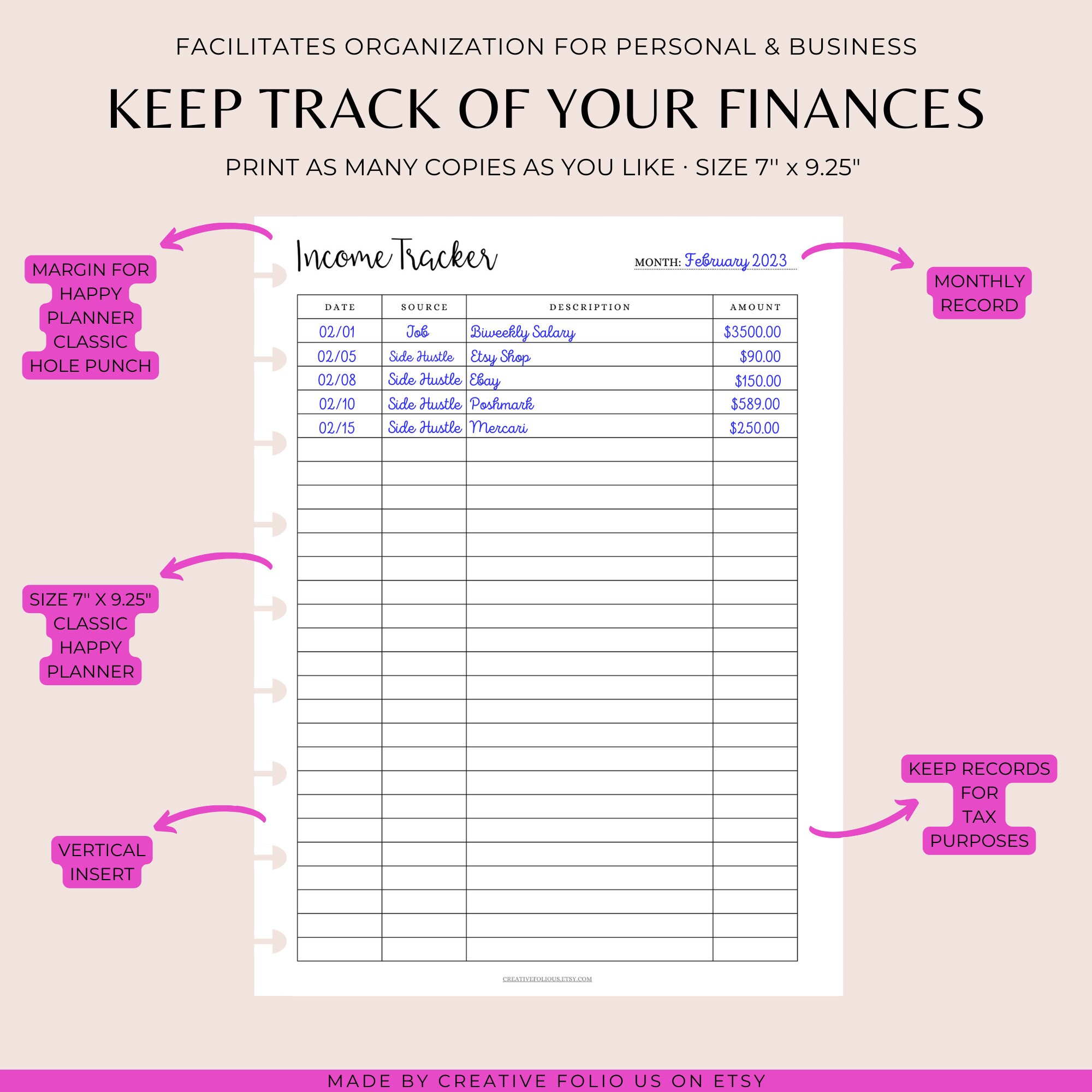 Income Tracker Classic Planner Printable, Happy Planner, Income ...