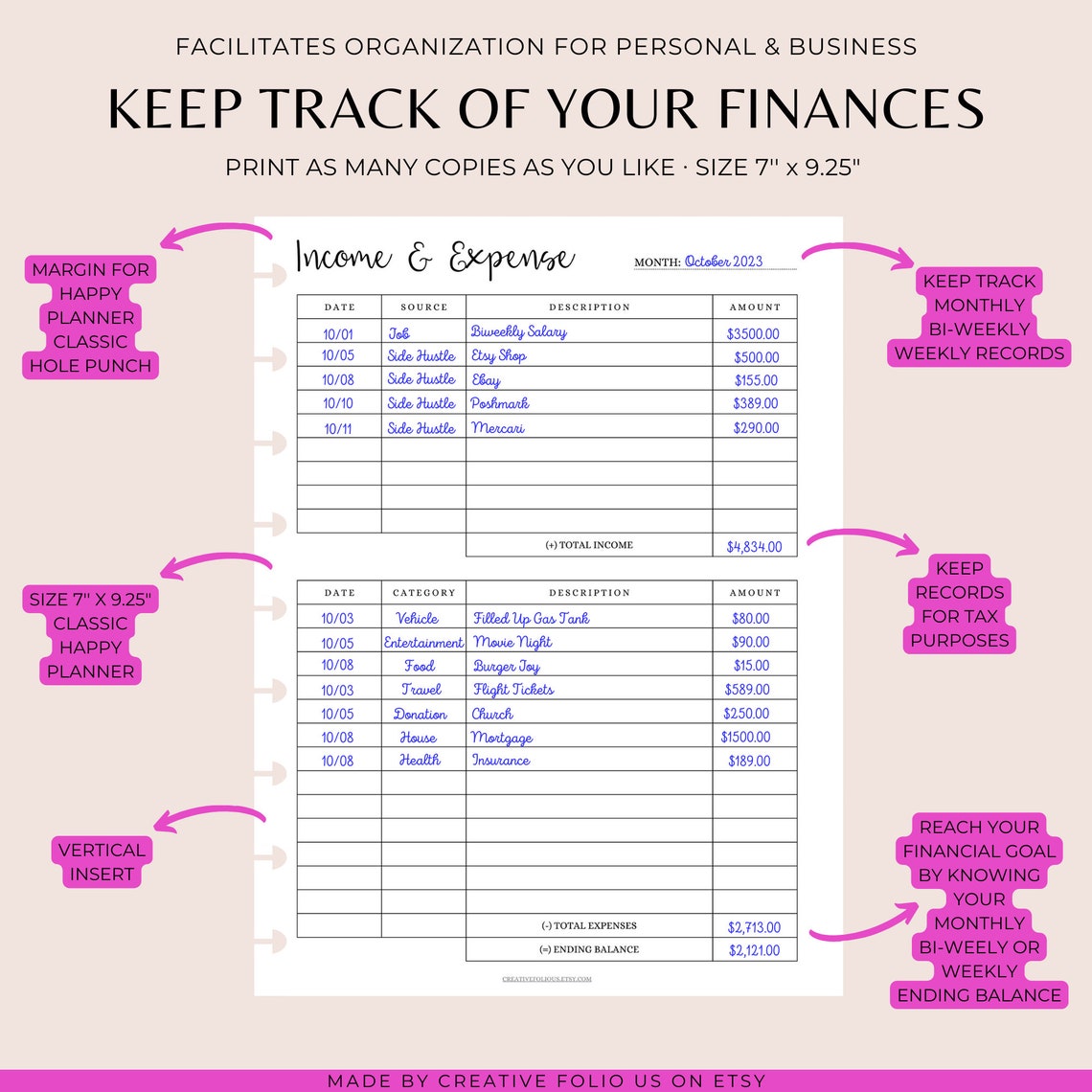 INCOME & EXPENSE Classic Planner Printable, Happy Planner Insert ...