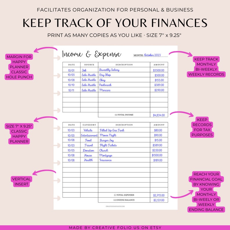 INCOME & EXPENSE Classic Planner Printable, Happy Planner Insert ...