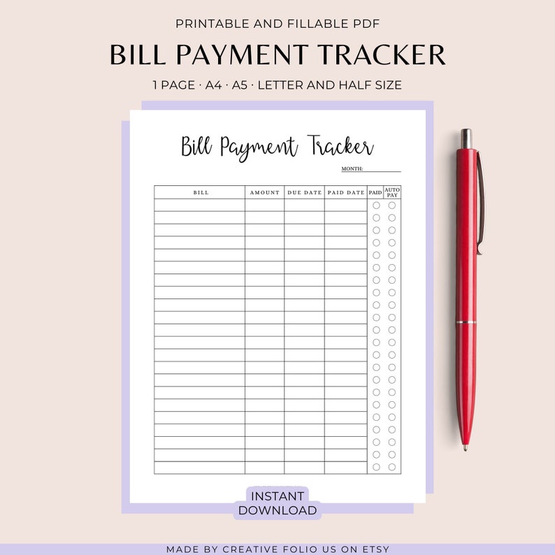 Monthly Bill Payment Tracker: Printable PDF Planner Sizes Letter/a4/a5 ...