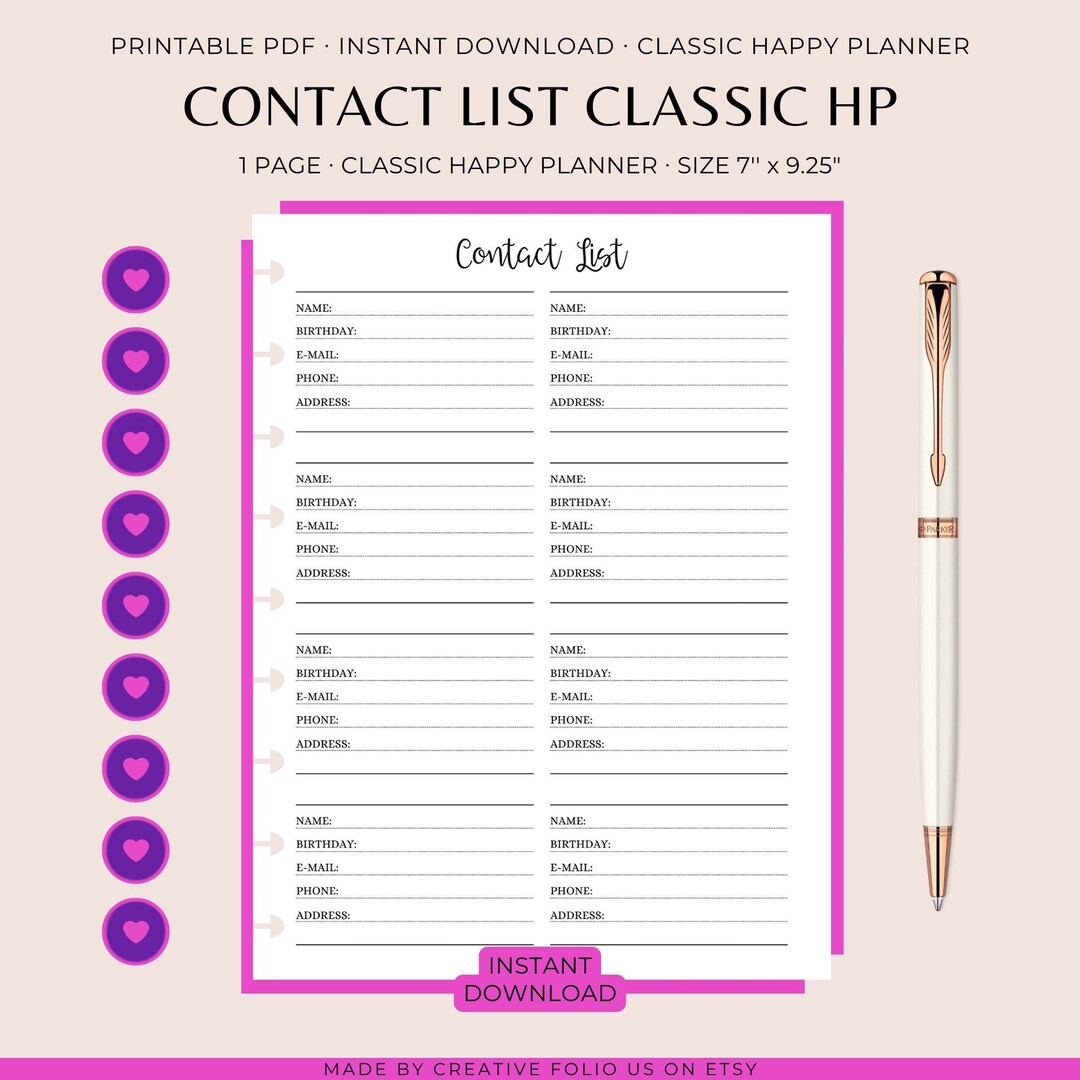 CONTACT LIST Classic Happy Planner Printable, Happy Planner Classic ...