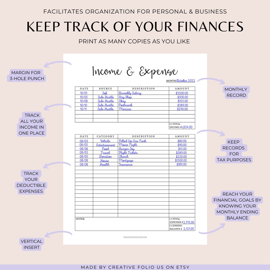 Income Tracker, Expense Tracker Printable, Finance Tracker, Spending ...
