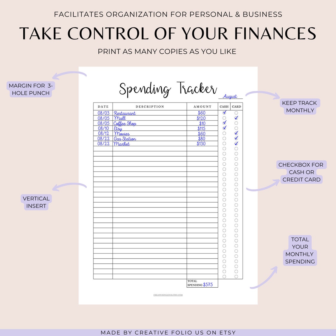 Spending Tracker Printable Spending Planner Monthly Bill - Etsy