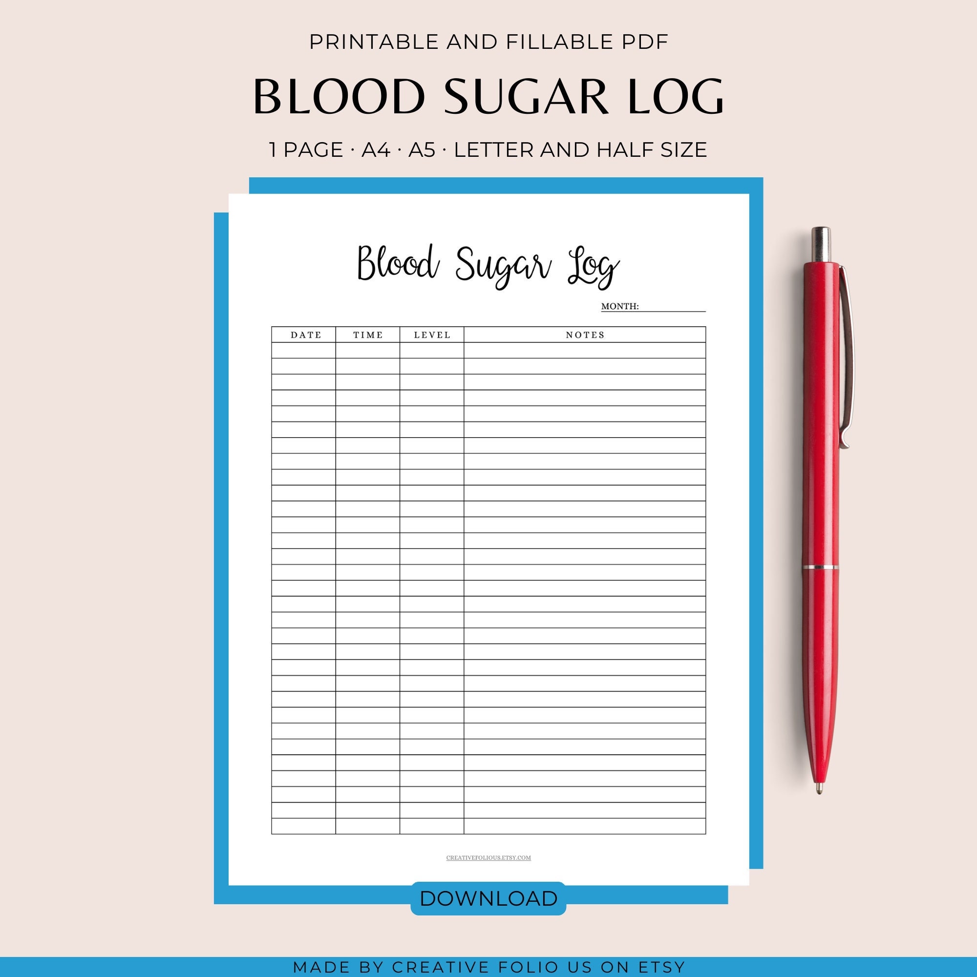 Printable Blood Sugar Log, Blood Sugar Tracker, Blood Glucose Tracker ...