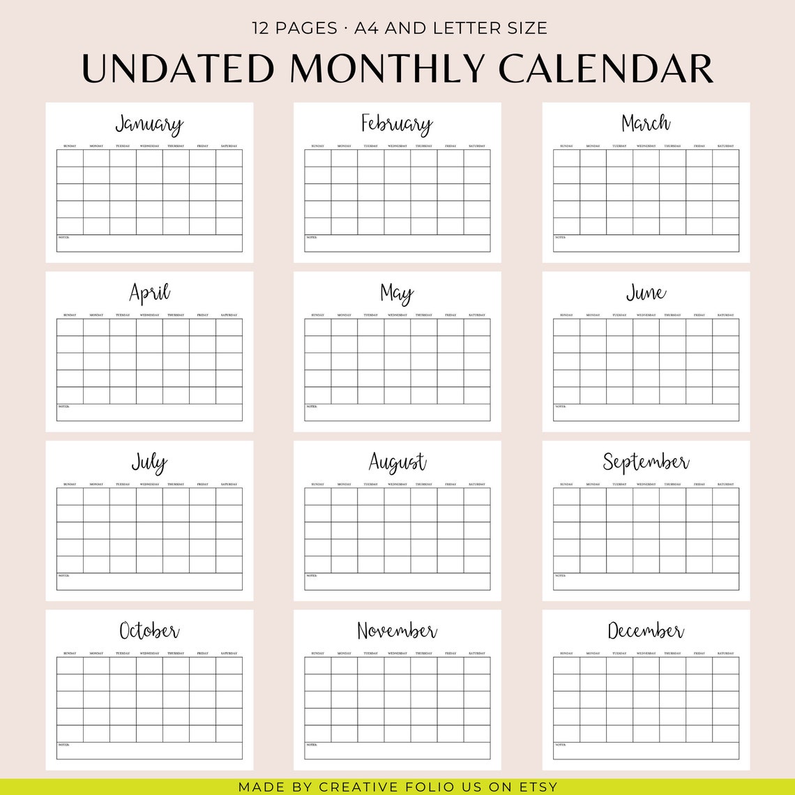 Undated Monthly Planner Printable Landscape, Undated Digital Planner ...