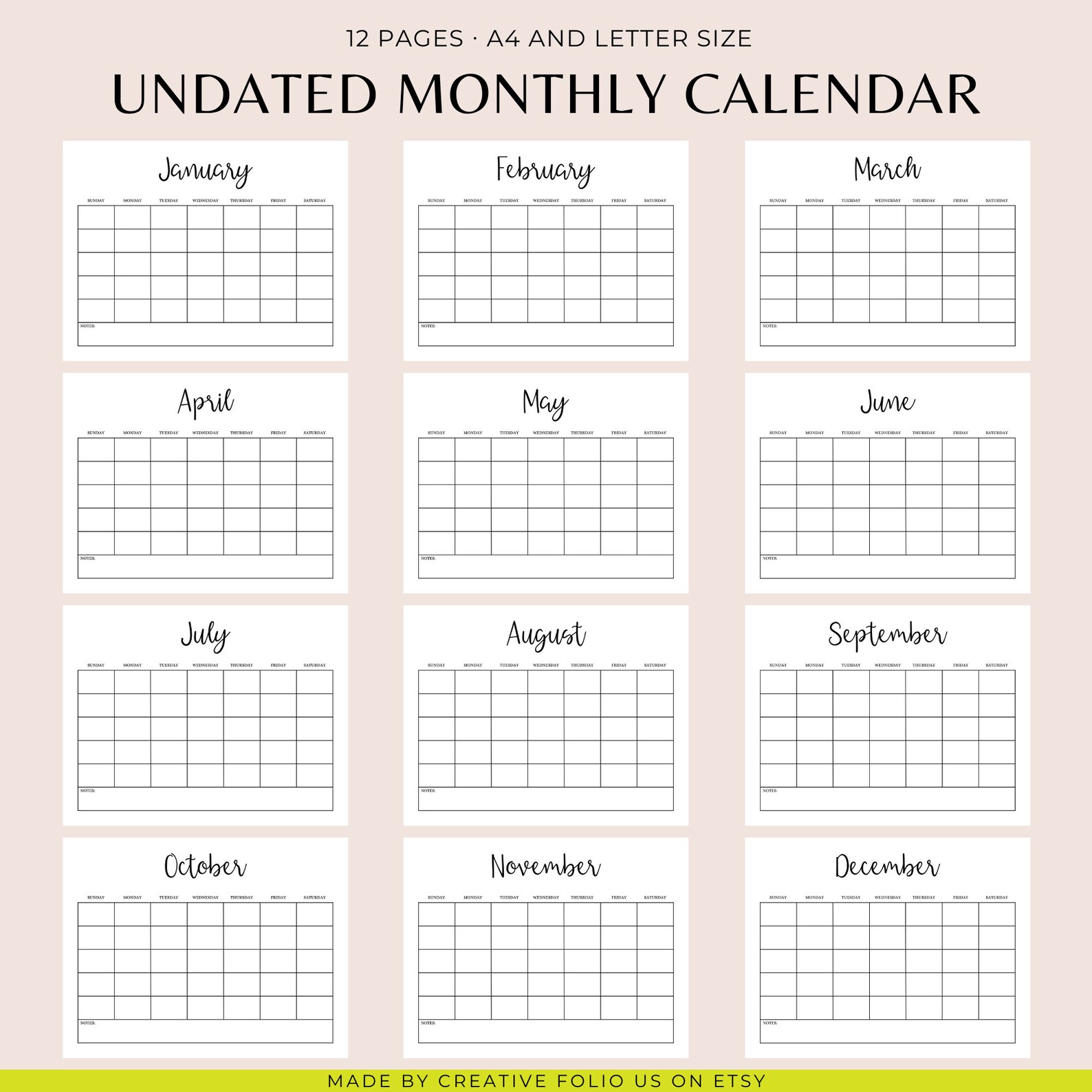 Undated Monthly Planner Printable Landscape, Undated Digital Planner ...