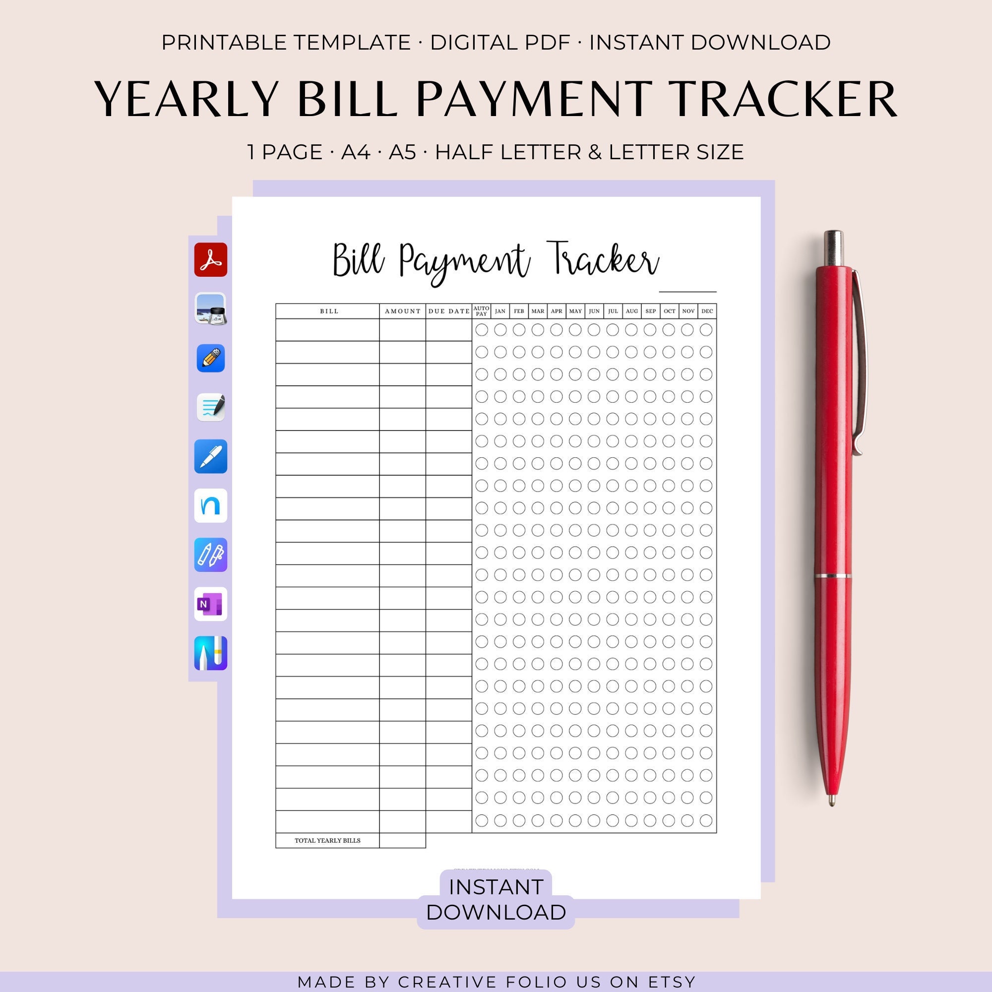 Bill Payment Tracker, Bill Pay Tracker, Monthly Bill Planner, Yearly ...