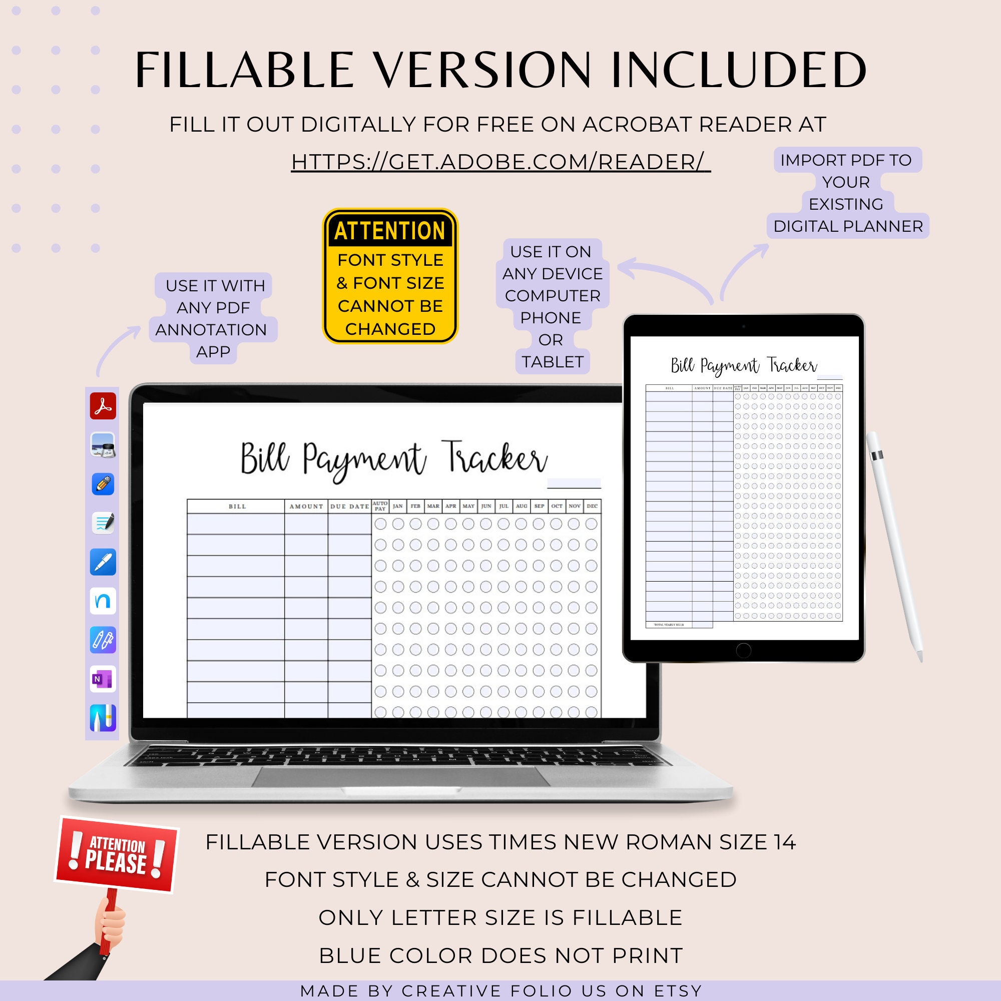 Bill Payment Tracker, Bill Pay Tracker, Monthly Bill Planner, Yearly ...