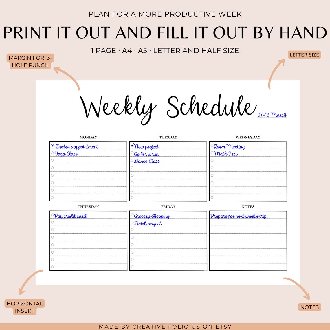 Five Day Weekly Planner Printable to Do List, Weekly Plan, Weekly ...