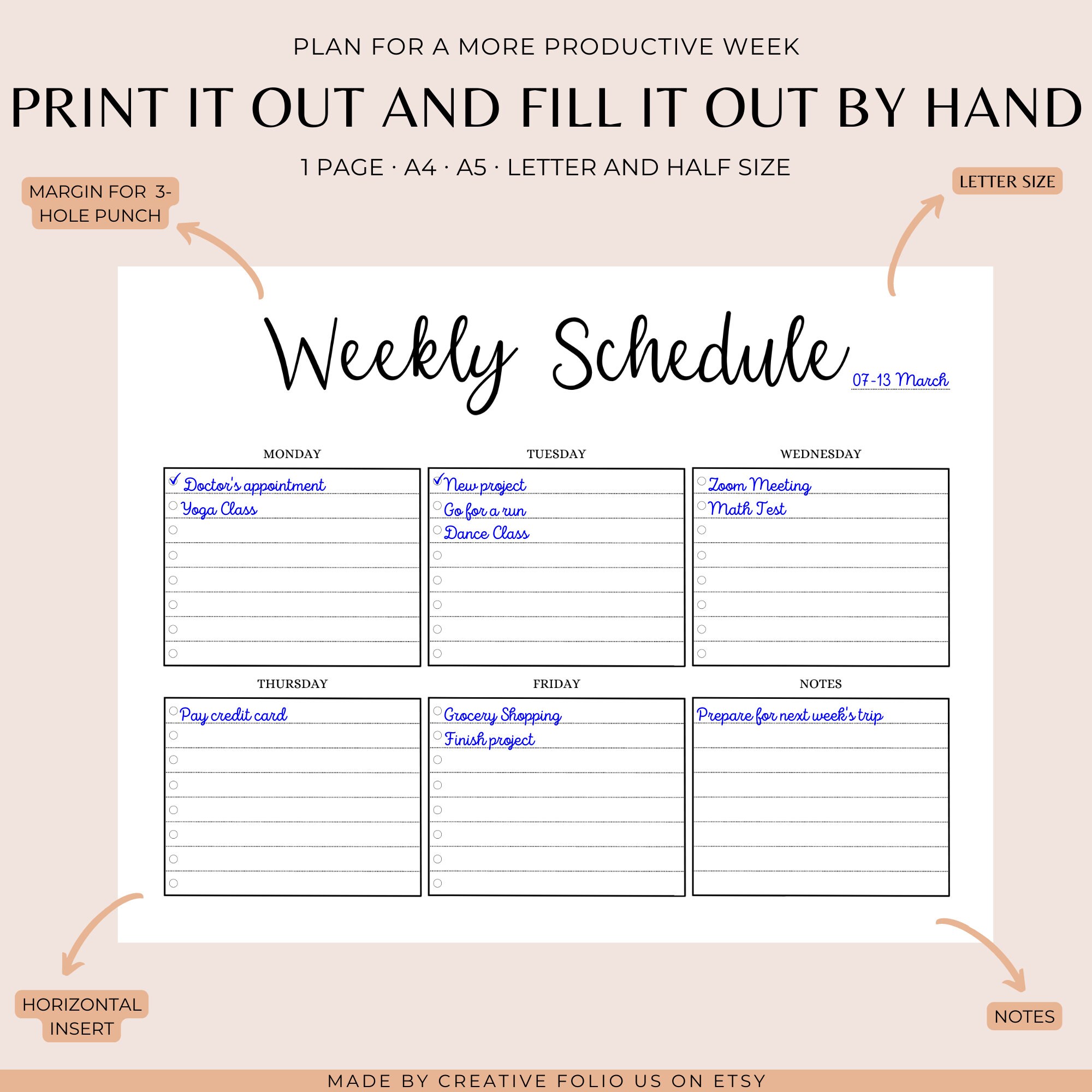 Five Day Weekly Planner Printable to Do List, Weekly Plan, Weekly ...