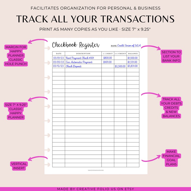 CHECKBOOK REGISTER Classic Planner Printable, Happy Planner Inserts ...