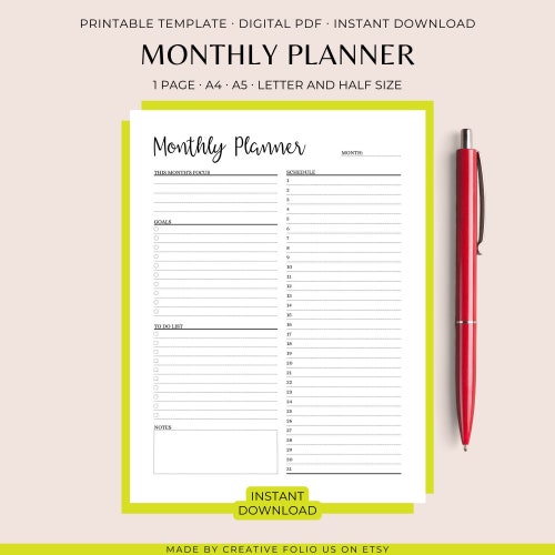 Monthly Planner Printable A5/a4/half Letter/letter Size 2022 - Etsy