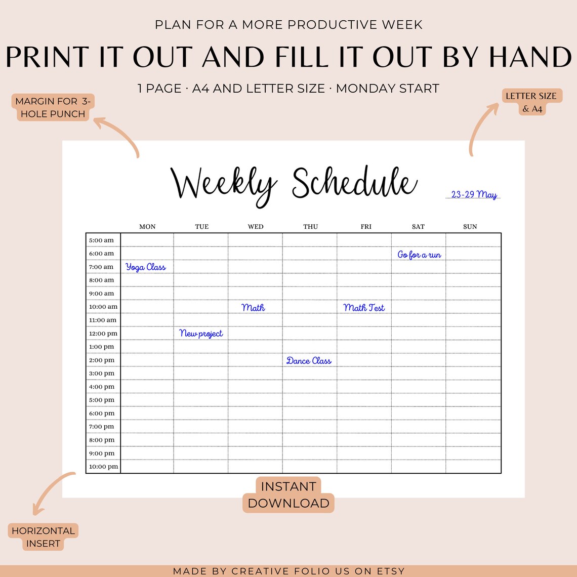 Hourly Weekly Schedule, Weekly Schedule Template, Desk Planner, Weekly ...