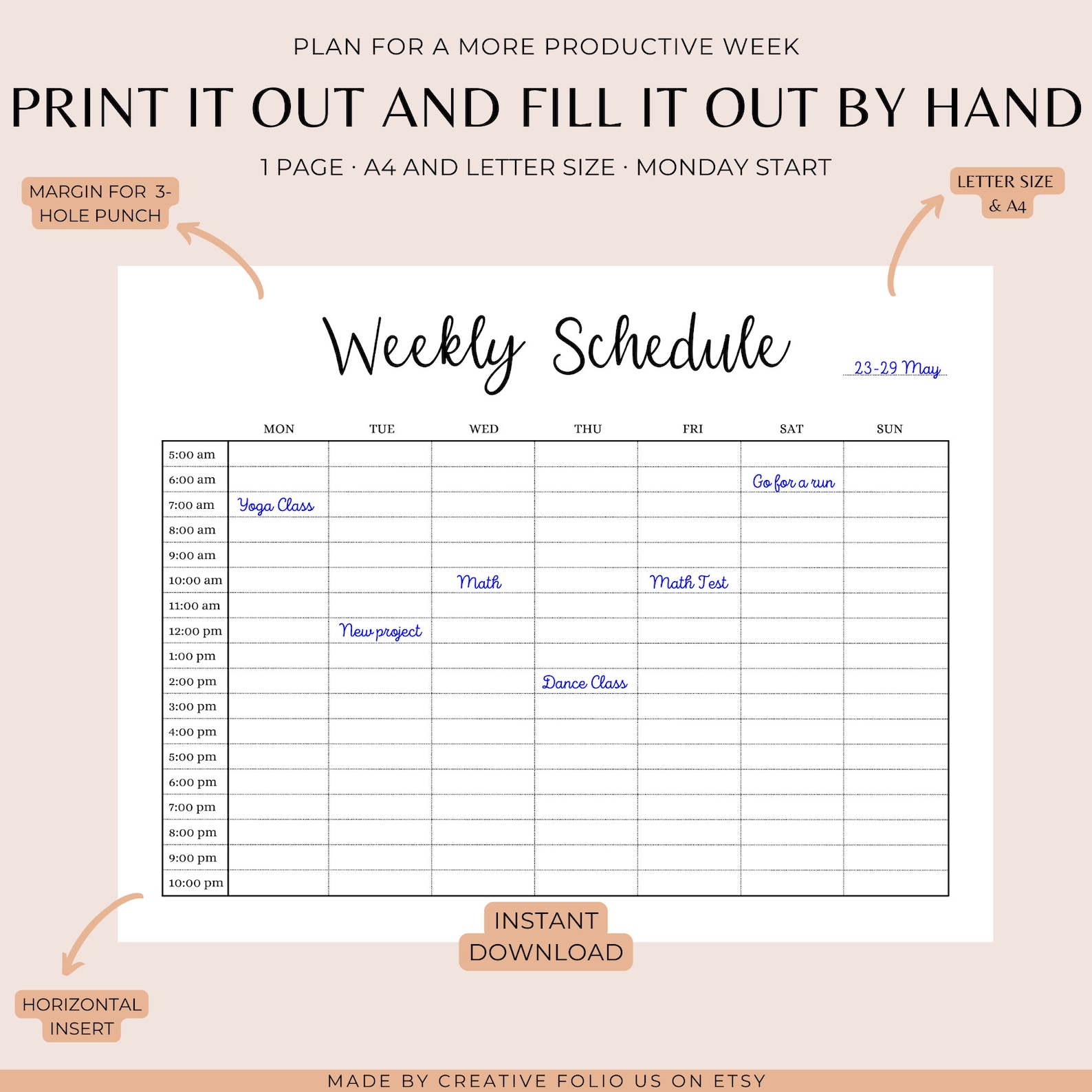 Hourly Weekly Schedule, Weekly Schedule Template, Desk Planner, Weekly ...