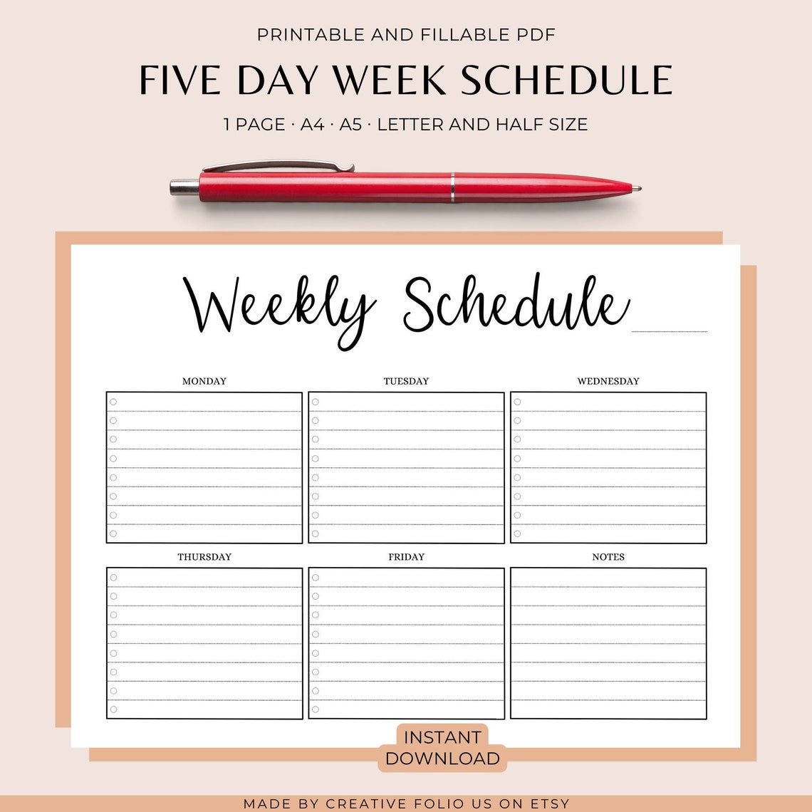 Five Day Weekly Planner Printable to Do List, Weekly Plan, Weekly ...