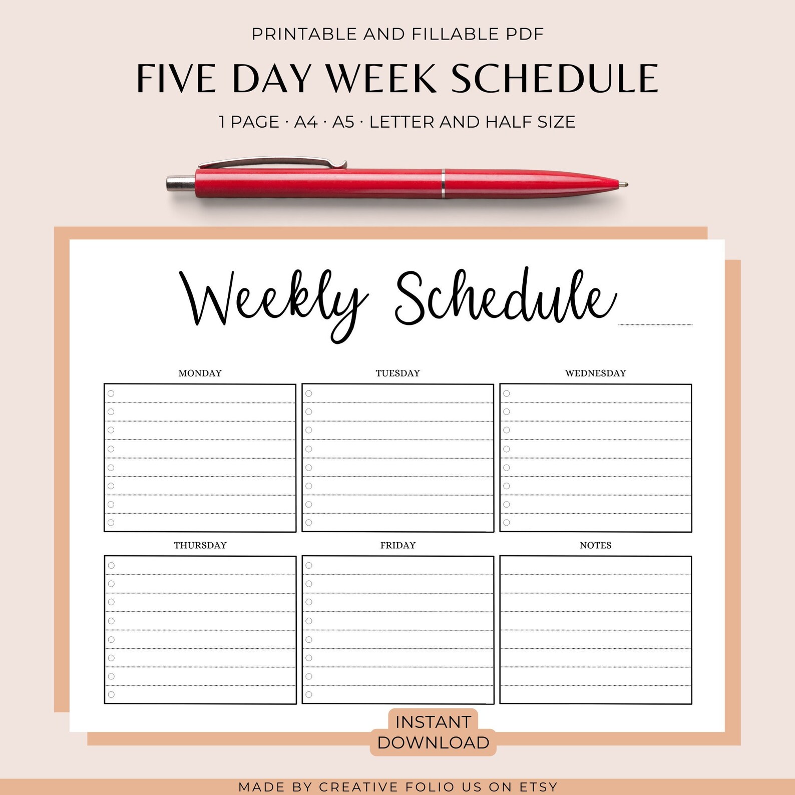 Five Day Weekly Planner Printable to Do List, Weekly Plan, Weekly ...