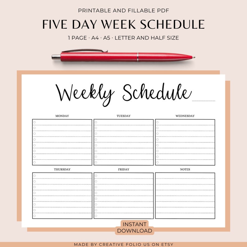 Five Day Weekly Planner Printable to Do List, Weekly Plan, Weekly ...
