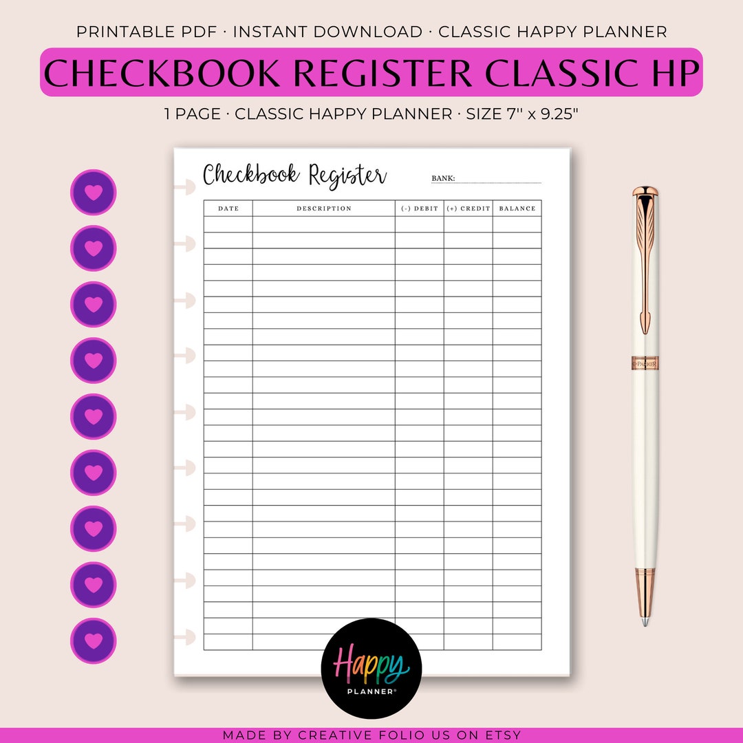 Checkbook Register Classic Happy Planner Inserts, Happy Planner Classic ...