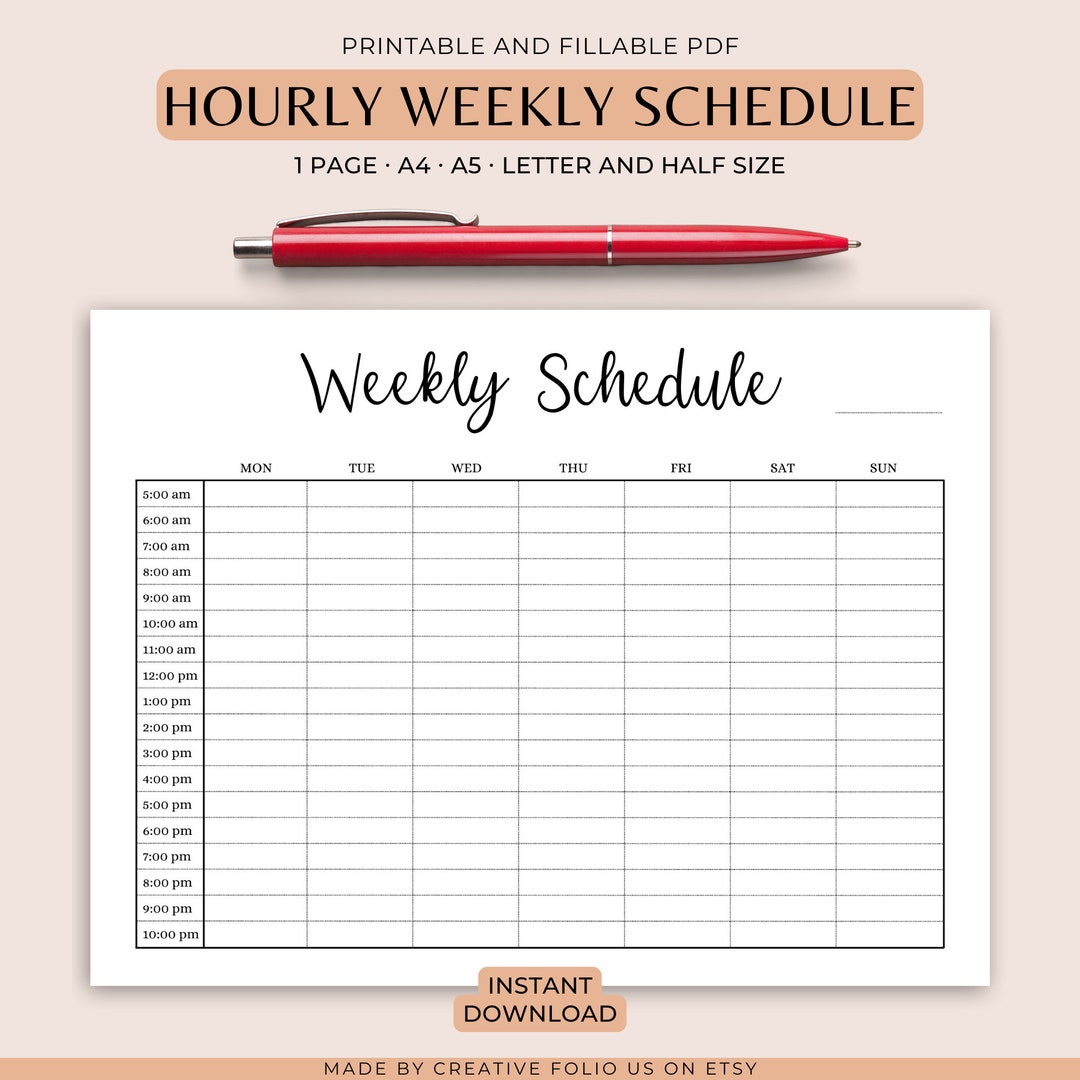 Hourly Weekly Schedule, Weekly Schedule Template, Desk Planner, Weekly ...