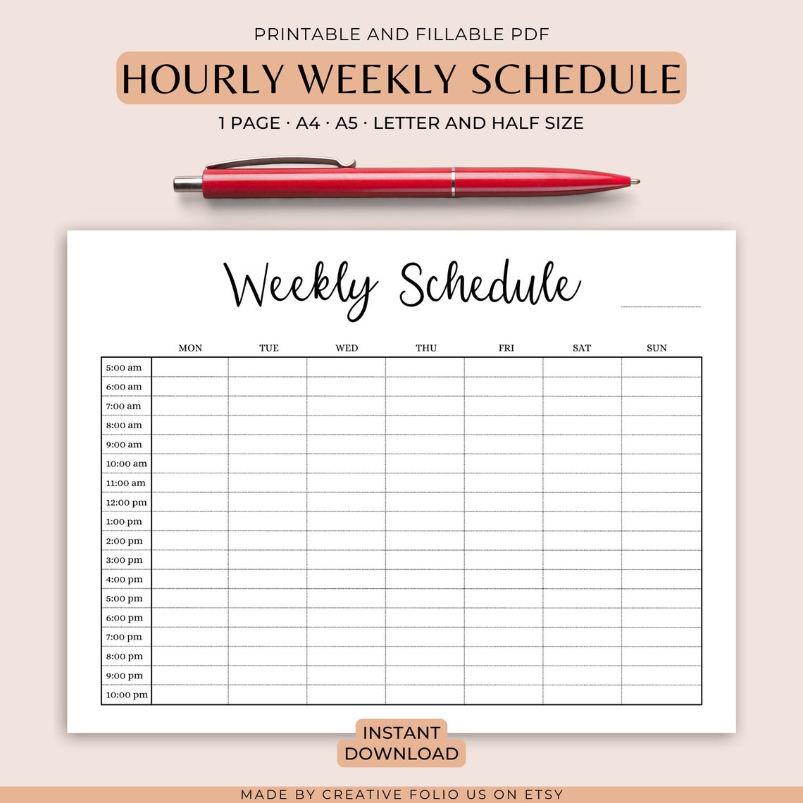 Hourly Weekly Schedule, Weekly Schedule Template, Desk Planner, Weekly ...