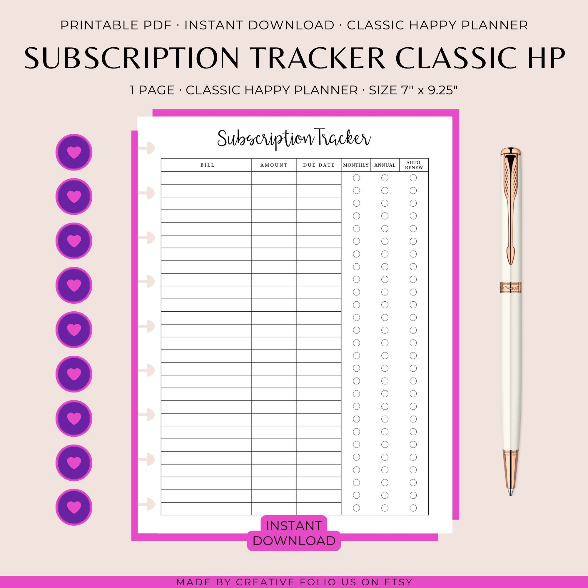 SUBSCRIPTION TRACKER Classic Planner Printable, Happy Planner Inserts ...
