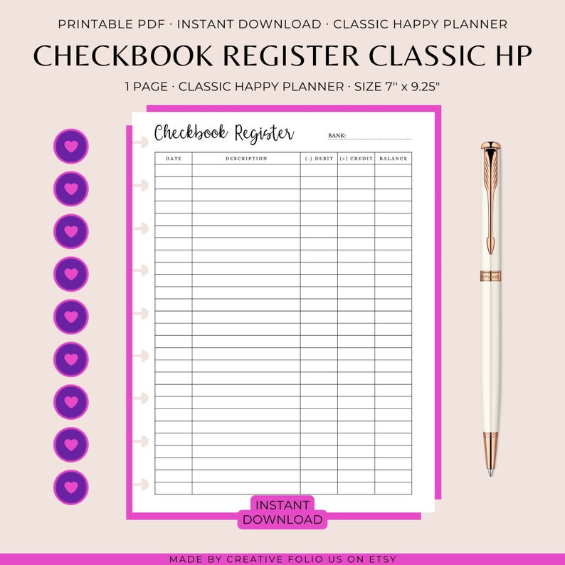 CHECKBOOK REGISTER Classic Planner Printable, Happy Planner Inserts ...