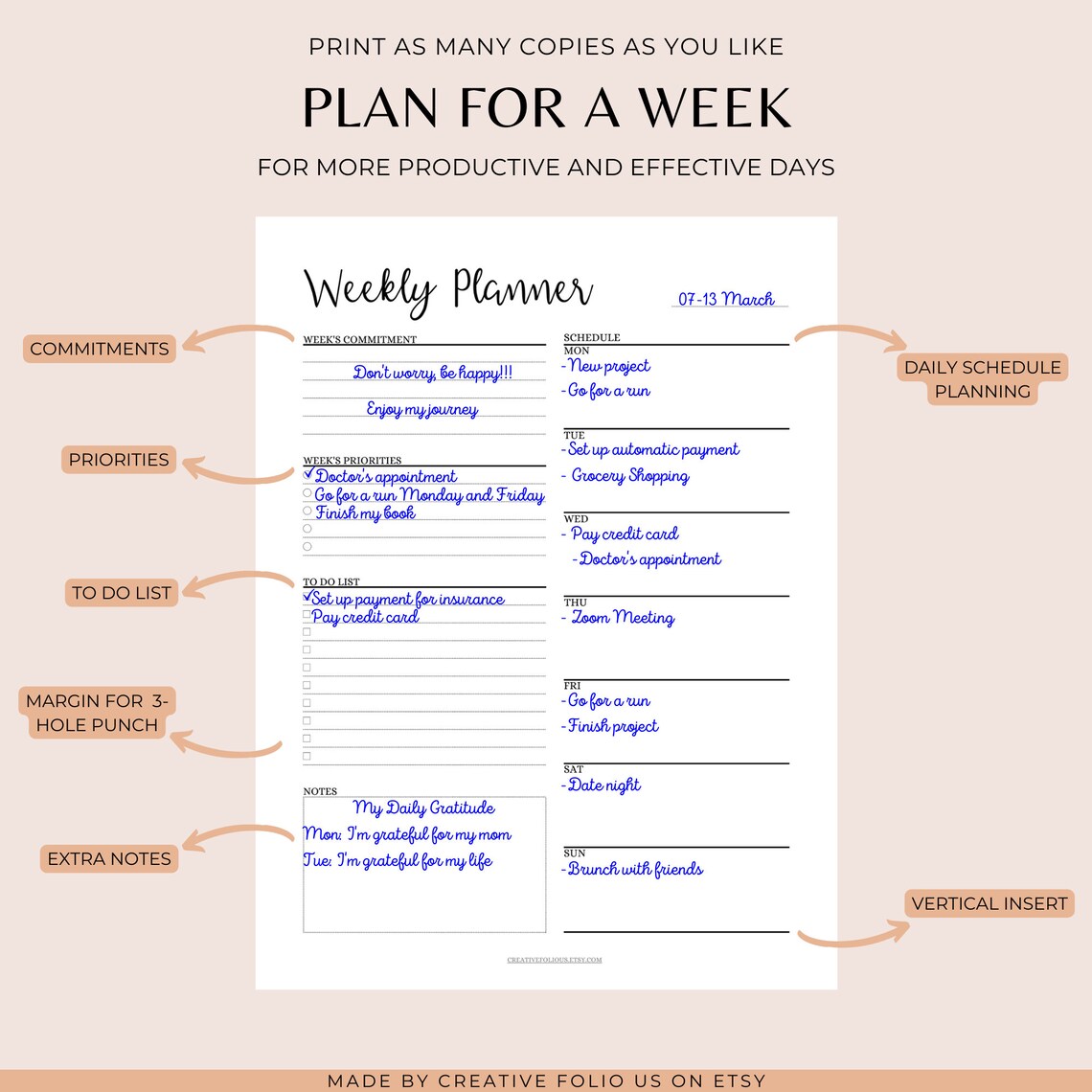 Weekly Planner, Printable Planner A5/a4/half Letter/letter Size ...