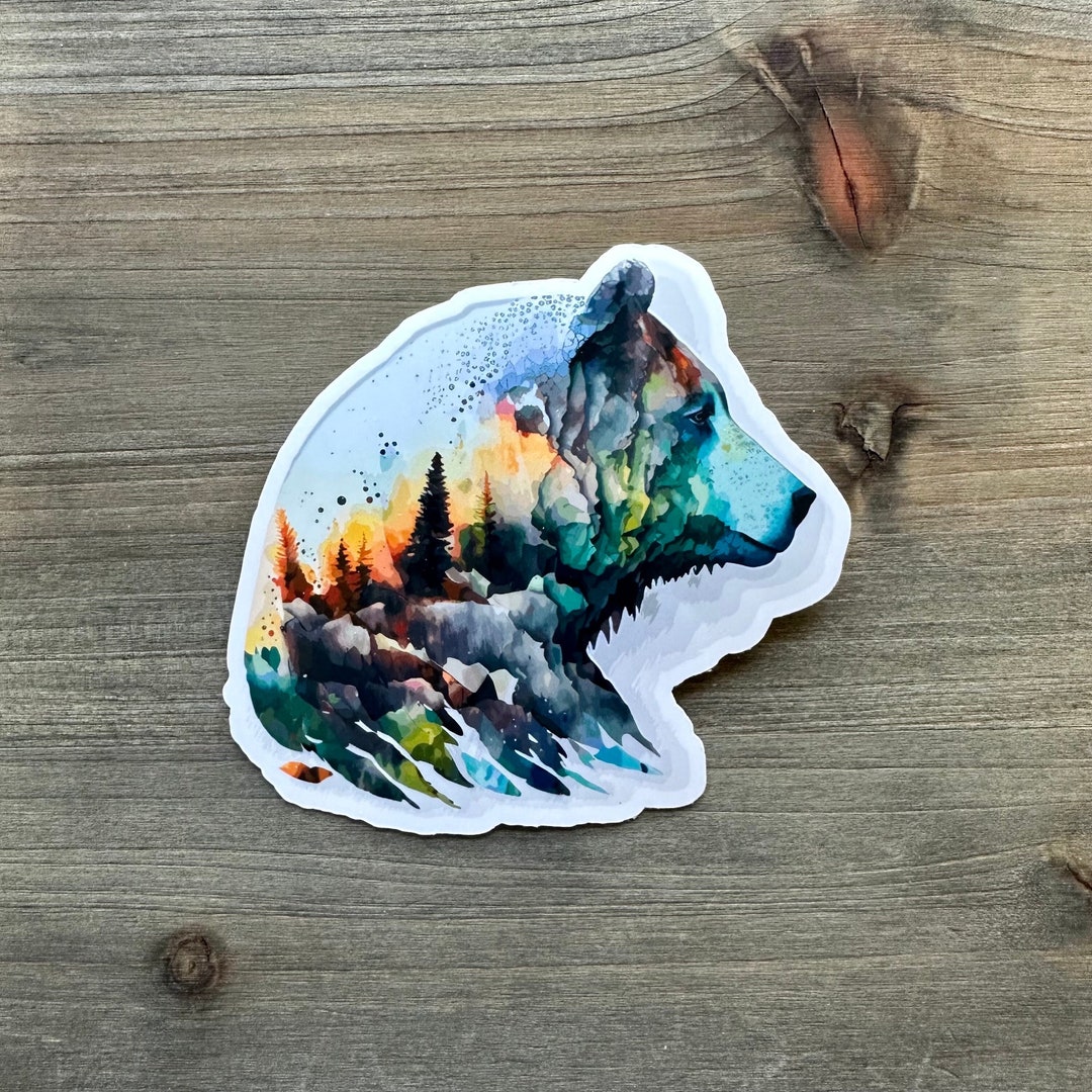 STC-124 Whimsical Brown Bear Mountain Scene Sticker, Outdoorsy Sticker, Nature Sticker ...