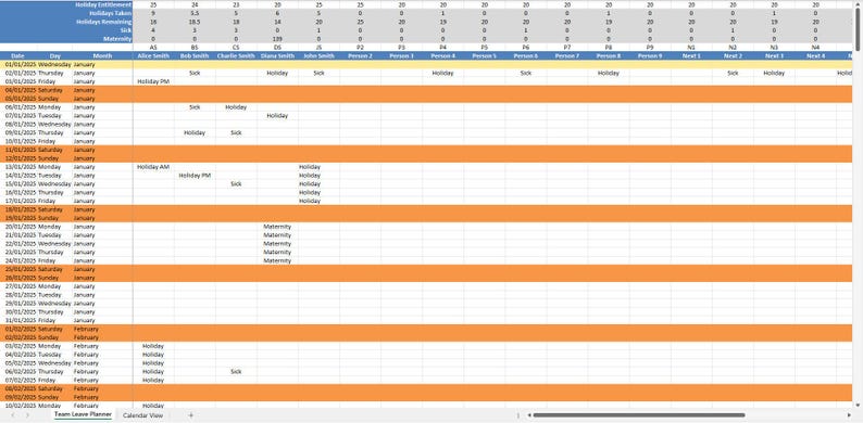 2025 Annual Leave Calendar for Team Leaders – Excel Planner – Track ...