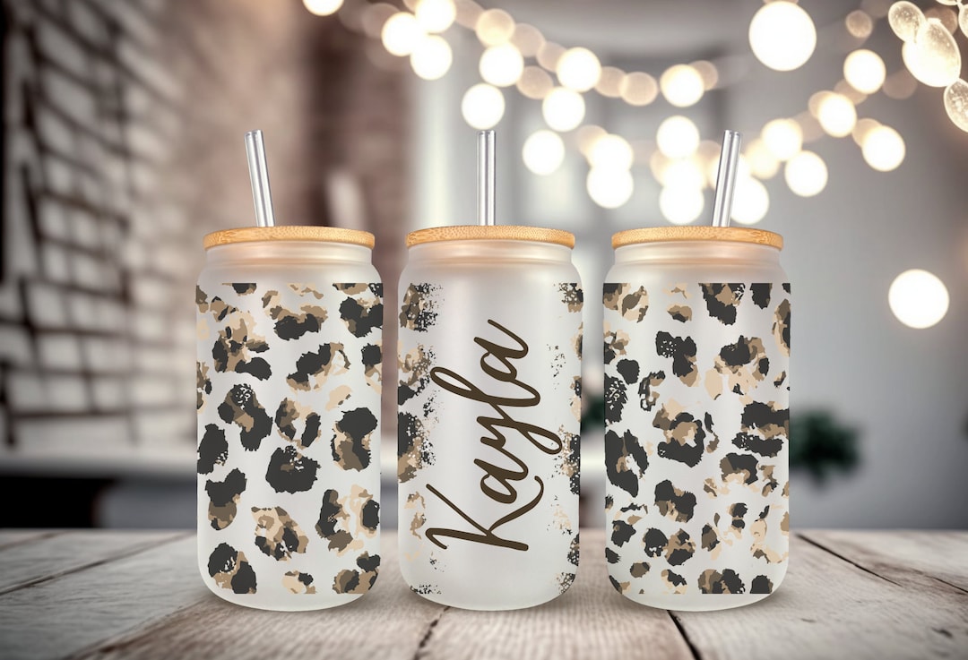 Leopard Print Glass Tumbler With Bamboo Lid: Personalized 16 Oz ...