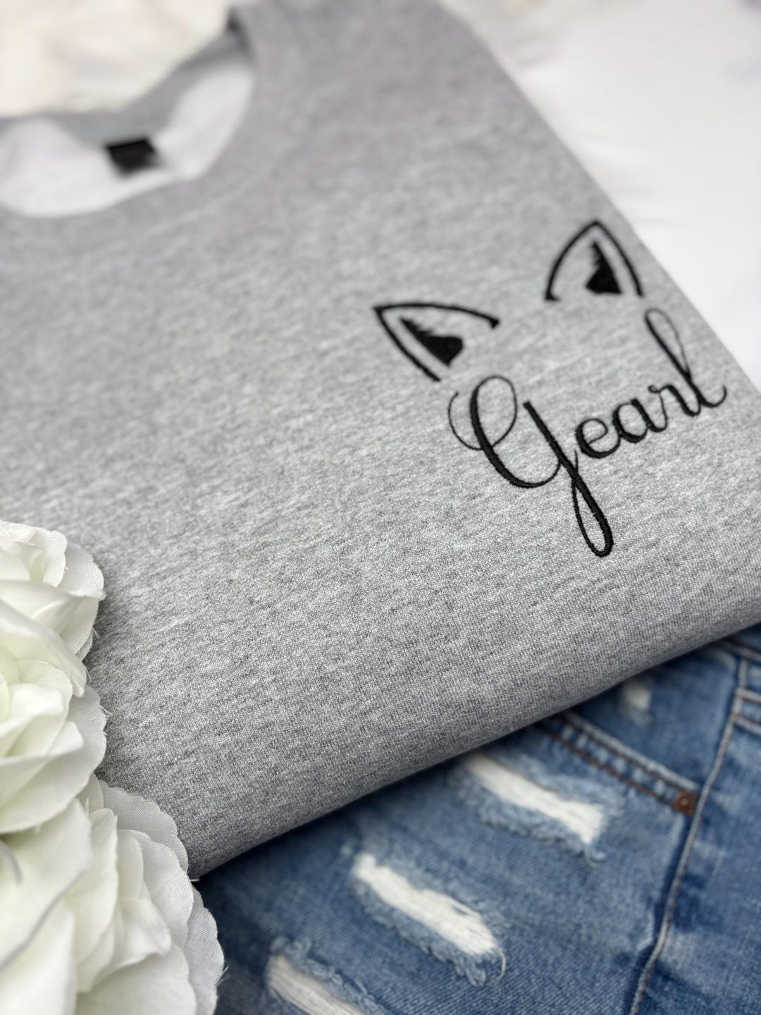 Custom Embroidered Cat Ear Sweatshirt, Dog Ear Sweatshirt, Embroidered ...