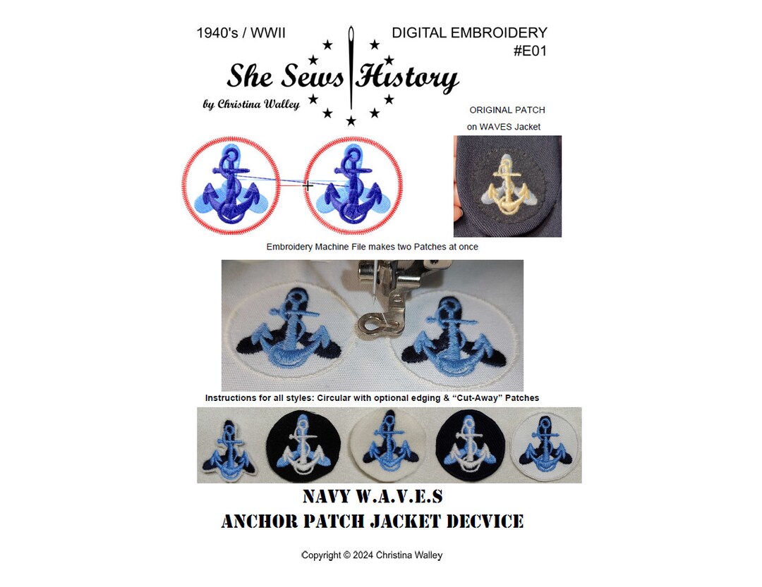 Digital Embroidery Machine File – Navy WAVES Anchor Patch Jacket Device ...
