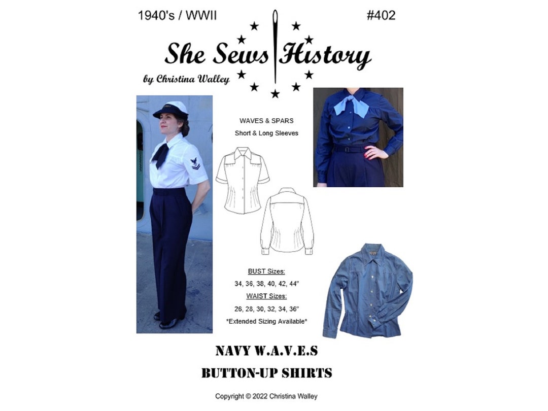 Printable Sewing Pattern – Navy WAVES & SPARS Button-up Shirt – Short ...