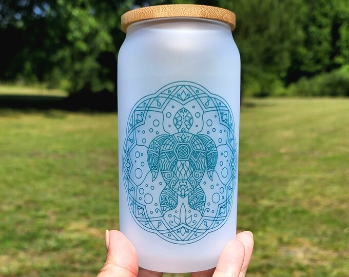 Turtle Glass Cup With Bamboo Lid Reusable Straw Sea Animal Design Glass ...