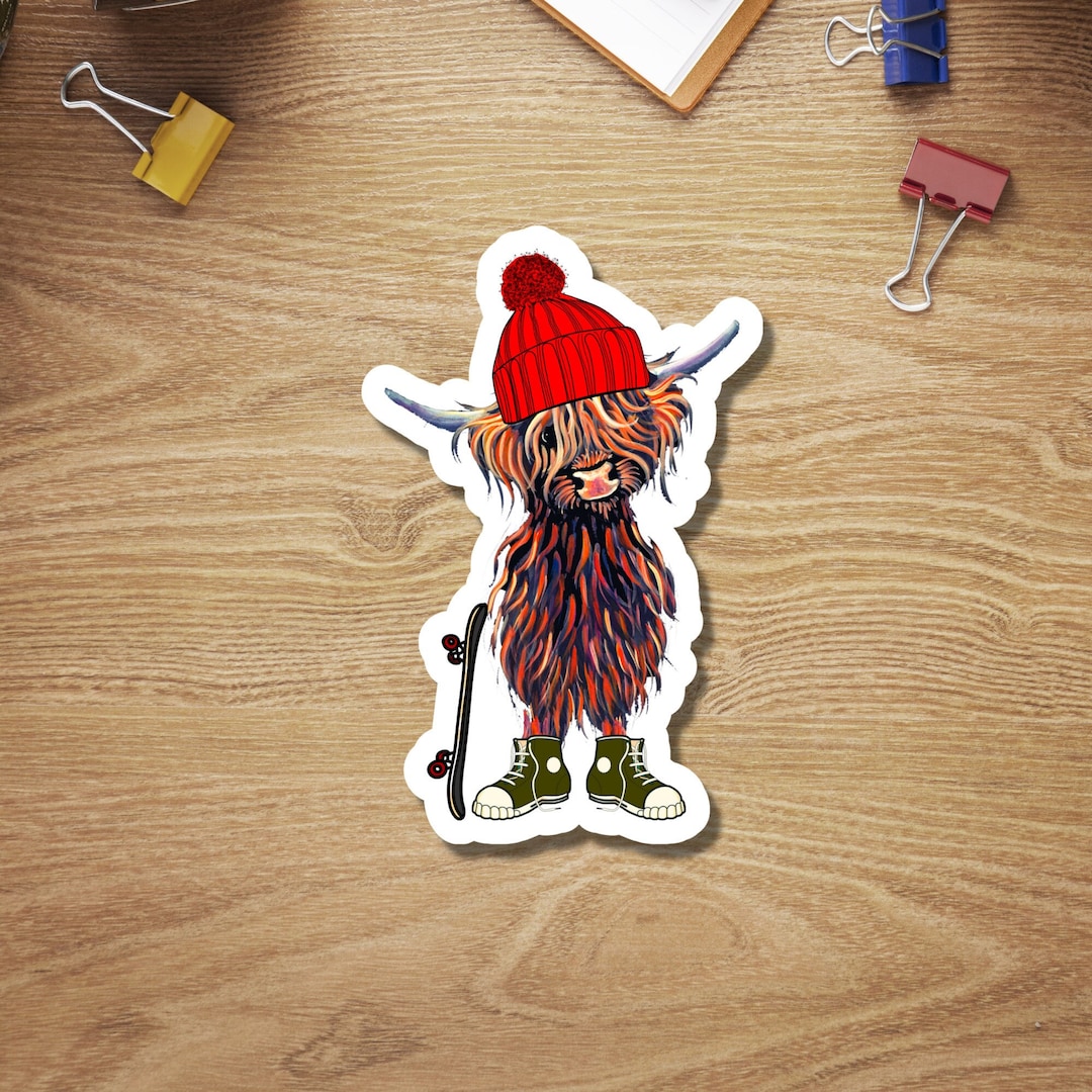 Highland Cow: Skater Boy Sticker, Funny Cow Sticker, Skateboarder ...