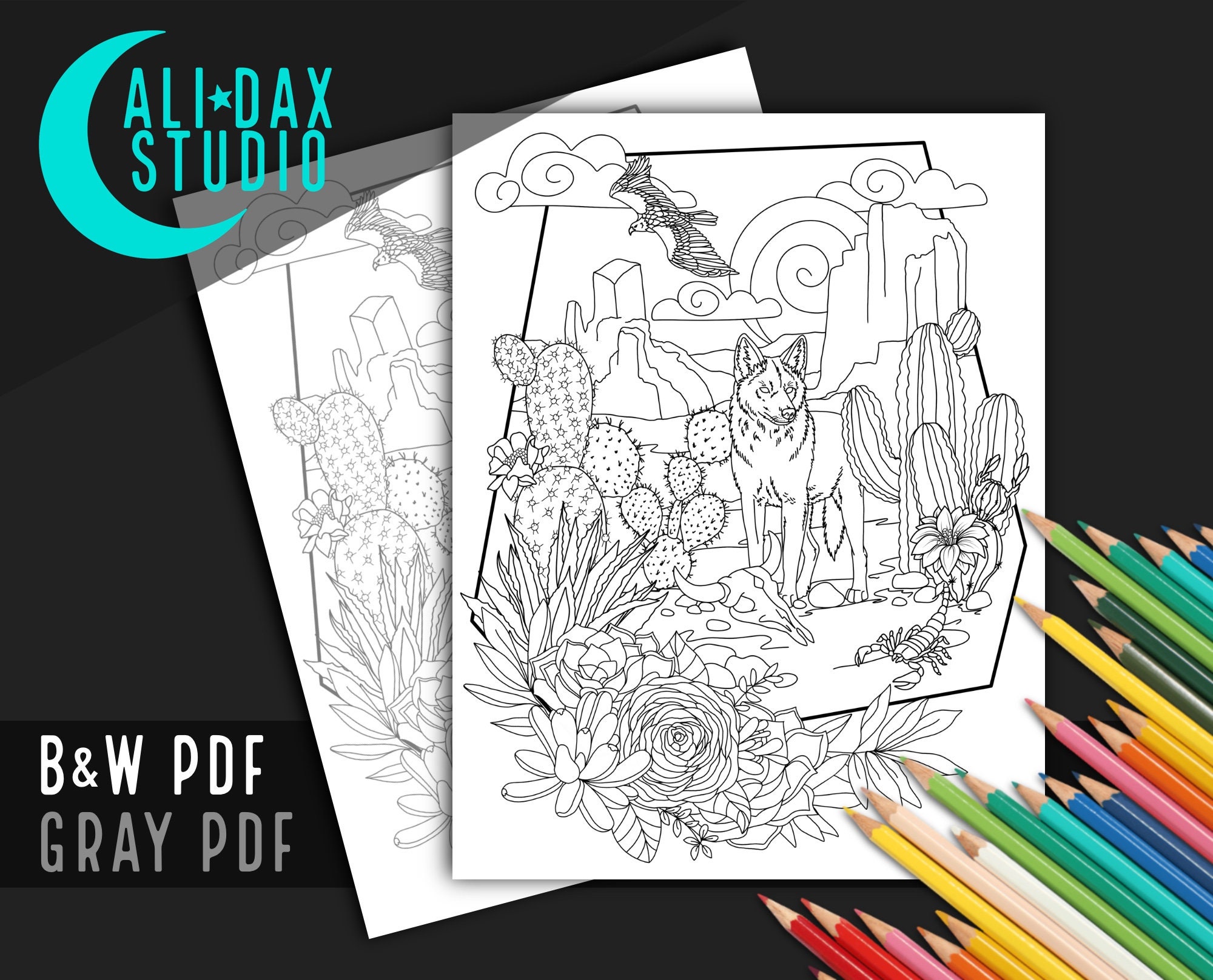 Desert Scenery - Printable Coloring Page for Adults & Kids, Hand Drawn ...