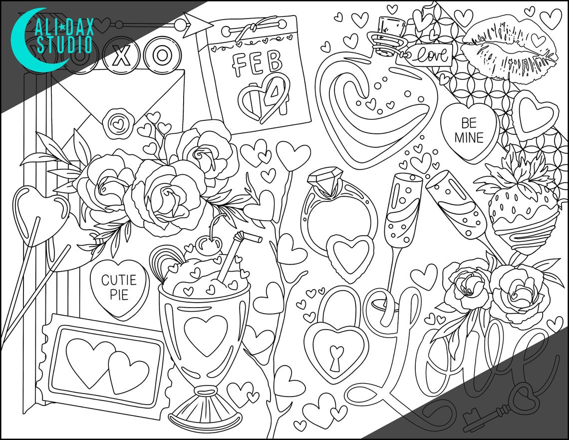 Valentine’s Day Printable Coloring Page for Adults & Kids, Hand Drawn ...