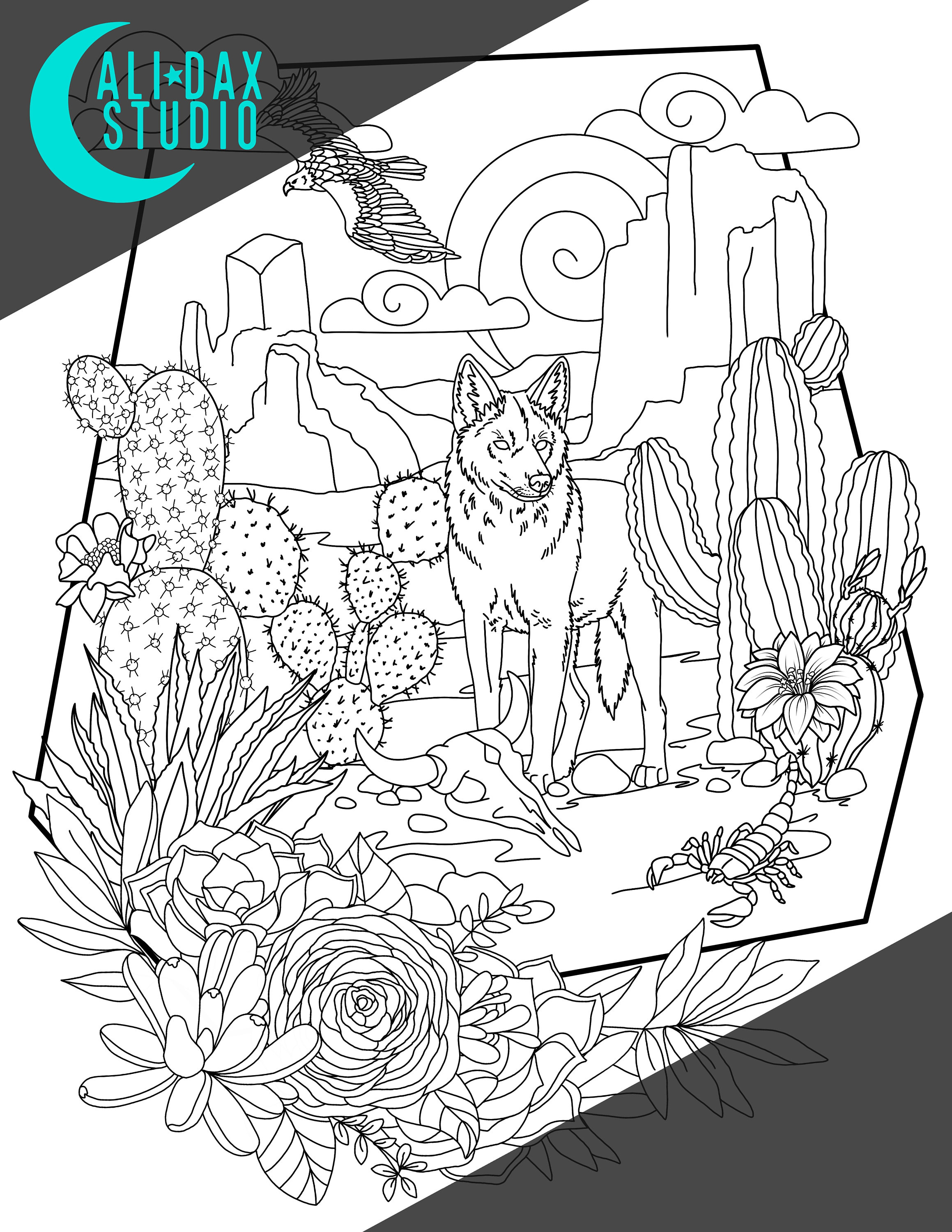 Desert Scenery - Printable Coloring Page for Adults & Kids, Hand Drawn ...