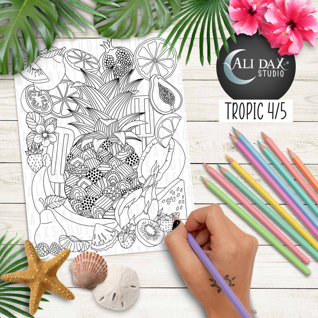 Tropical (design 4/5) Printable Coloring Page for Adults & Kids, Hand ...