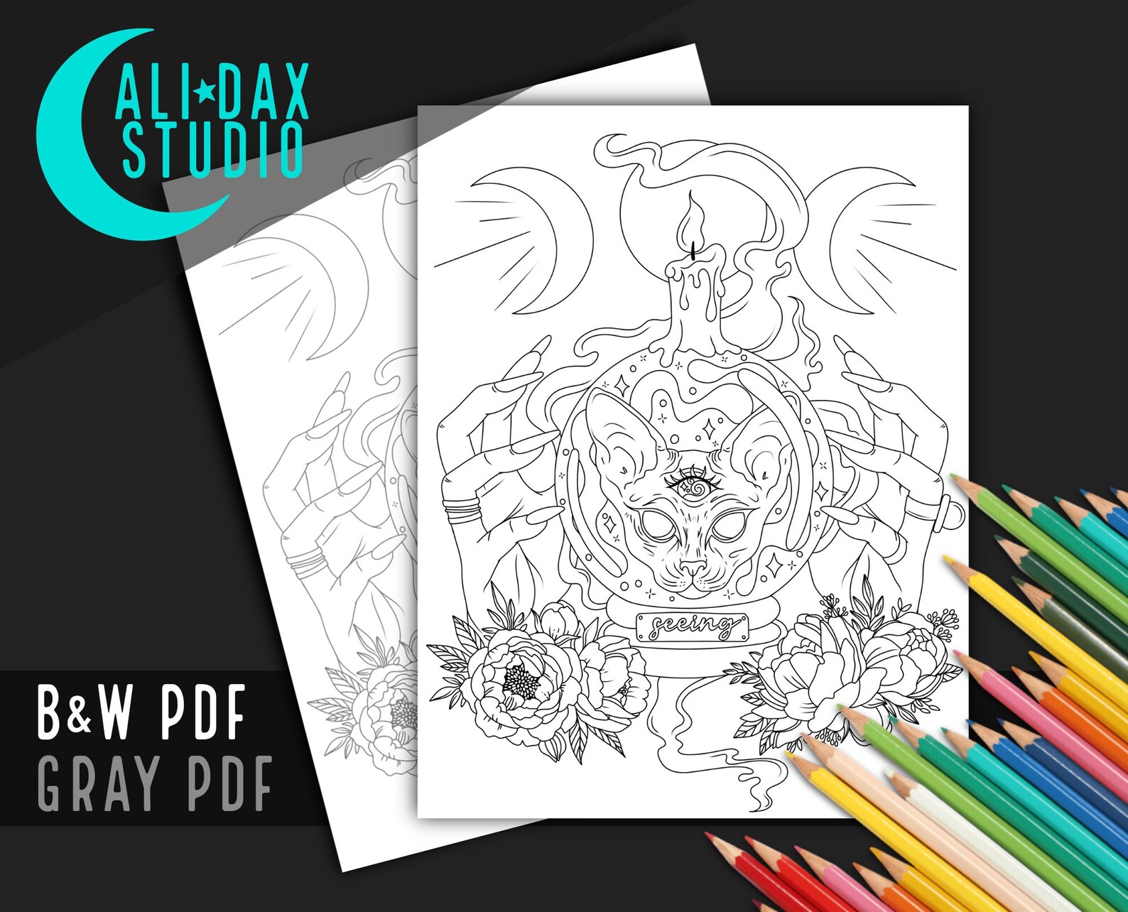 Third Eye Sphynx Printable Coloring Page for Adults, Crystal Ball, Hand ...
