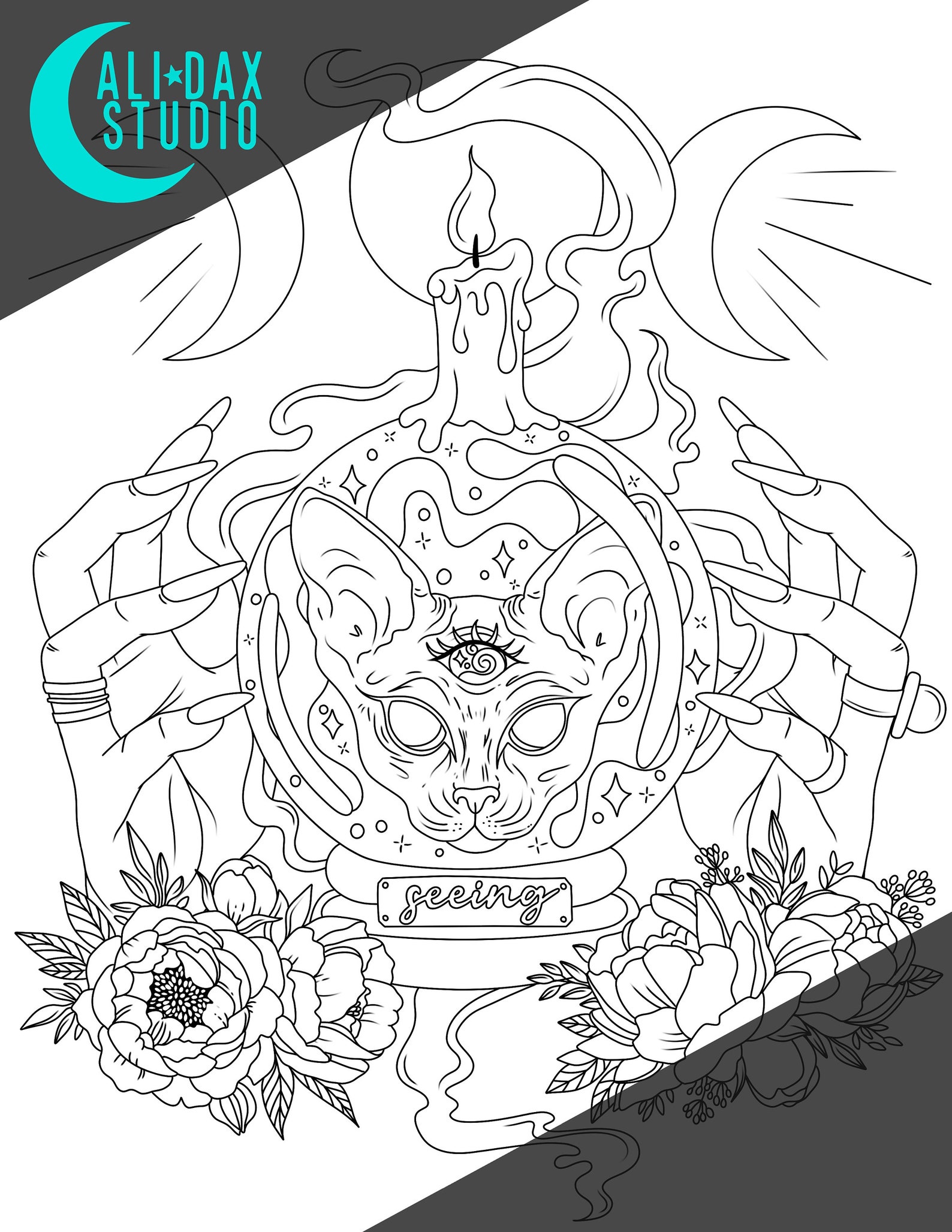 Third Eye Sphynx Printable Coloring Page for Adults, Crystal Ball, Hand ...