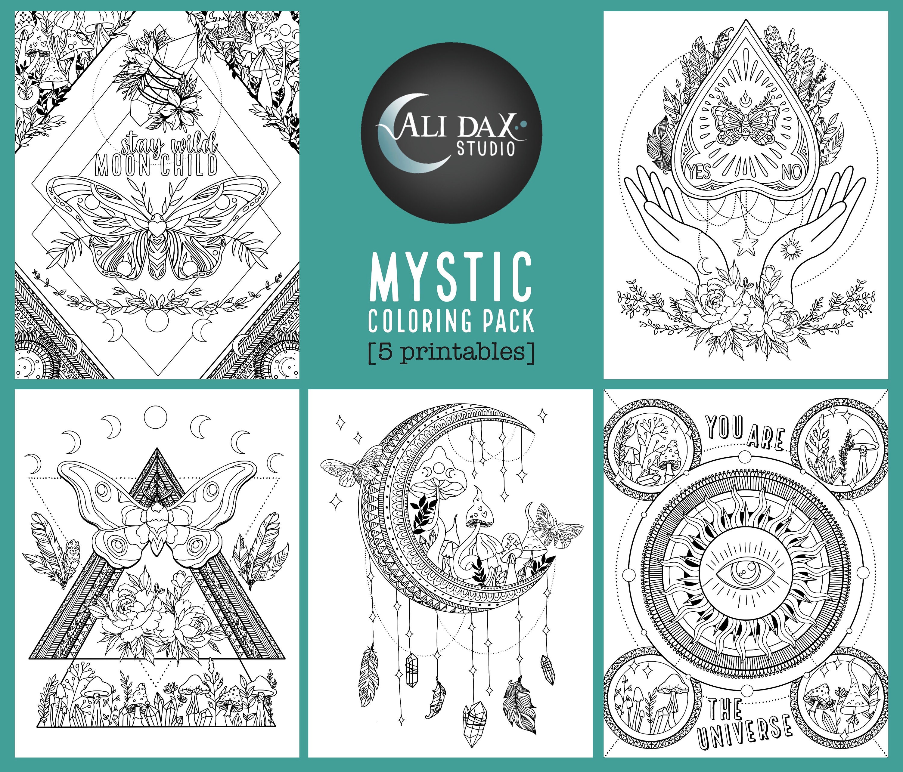 Mystic 5 Pack Printable Modern Coloring Pages Witchy | Etsy Australia