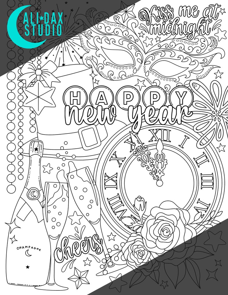 New Year’s Printable Coloring Page for Adults & Kids, Hand Drawn ...