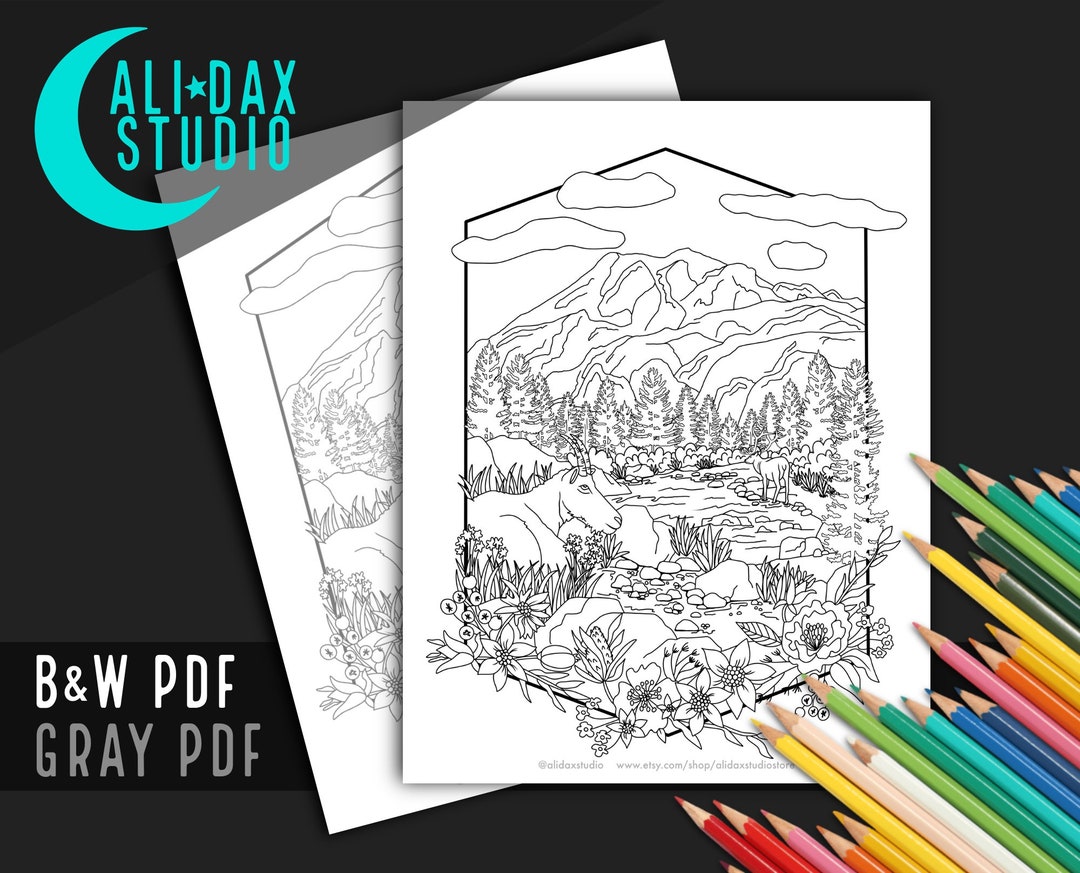 Mountain View - Printable Coloring Page for Adults & Kids, Hand Drawn ...