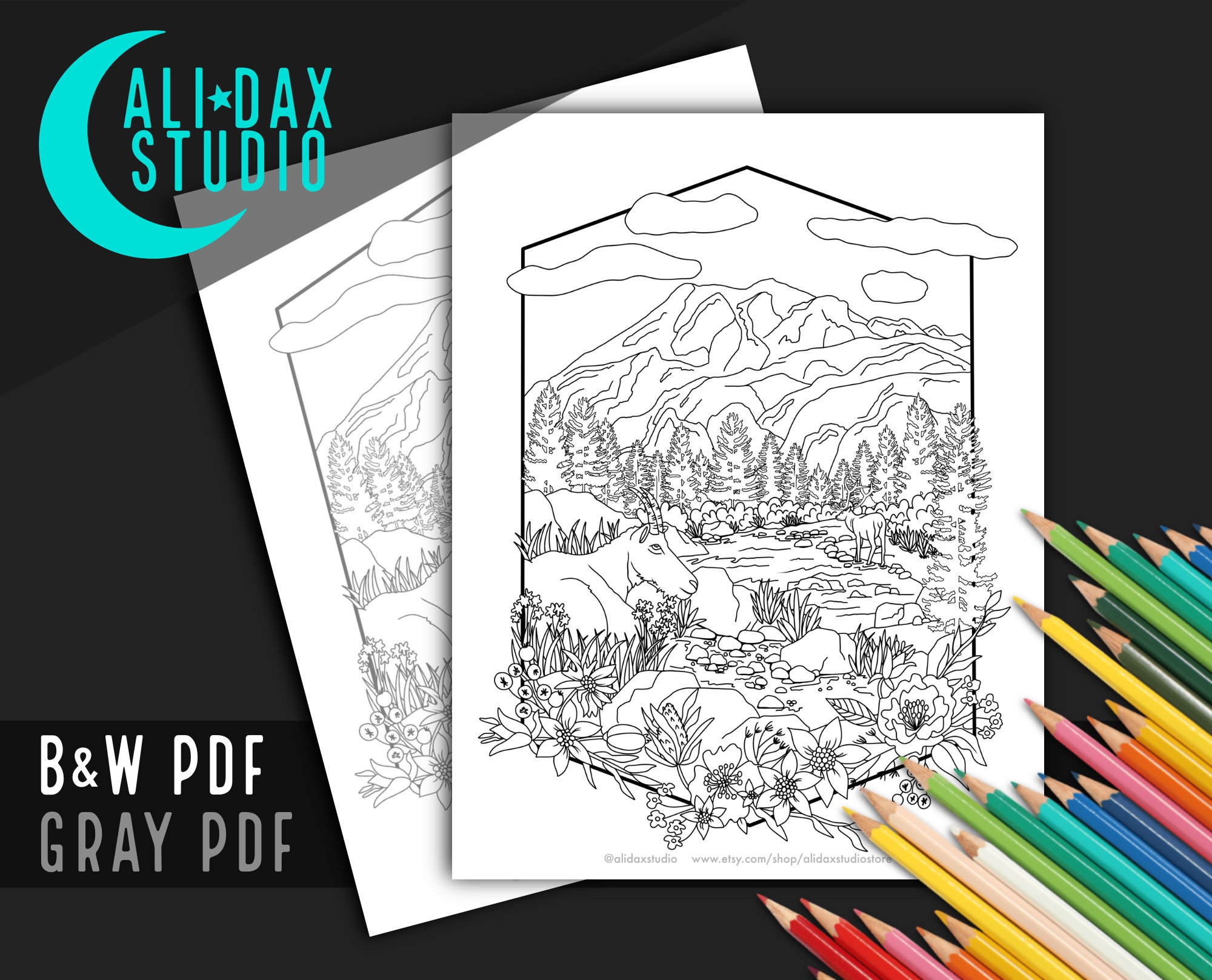 Mountain View - Printable Coloring Page for Adults & Kids, Hand Drawn ...