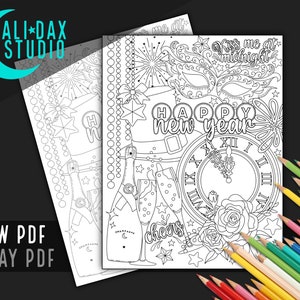 New Year’s Printable Coloring Page for Adults & Kids, Hand Drawn ...