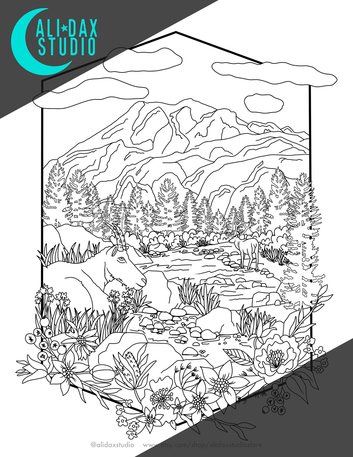 Mountain View - Printable Coloring Page for Adults & Kids, Hand Drawn ...