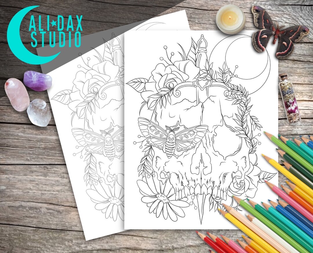 Skull Death Moth Printable Coloring Page for Adults & Kids, Hand Drawn ...