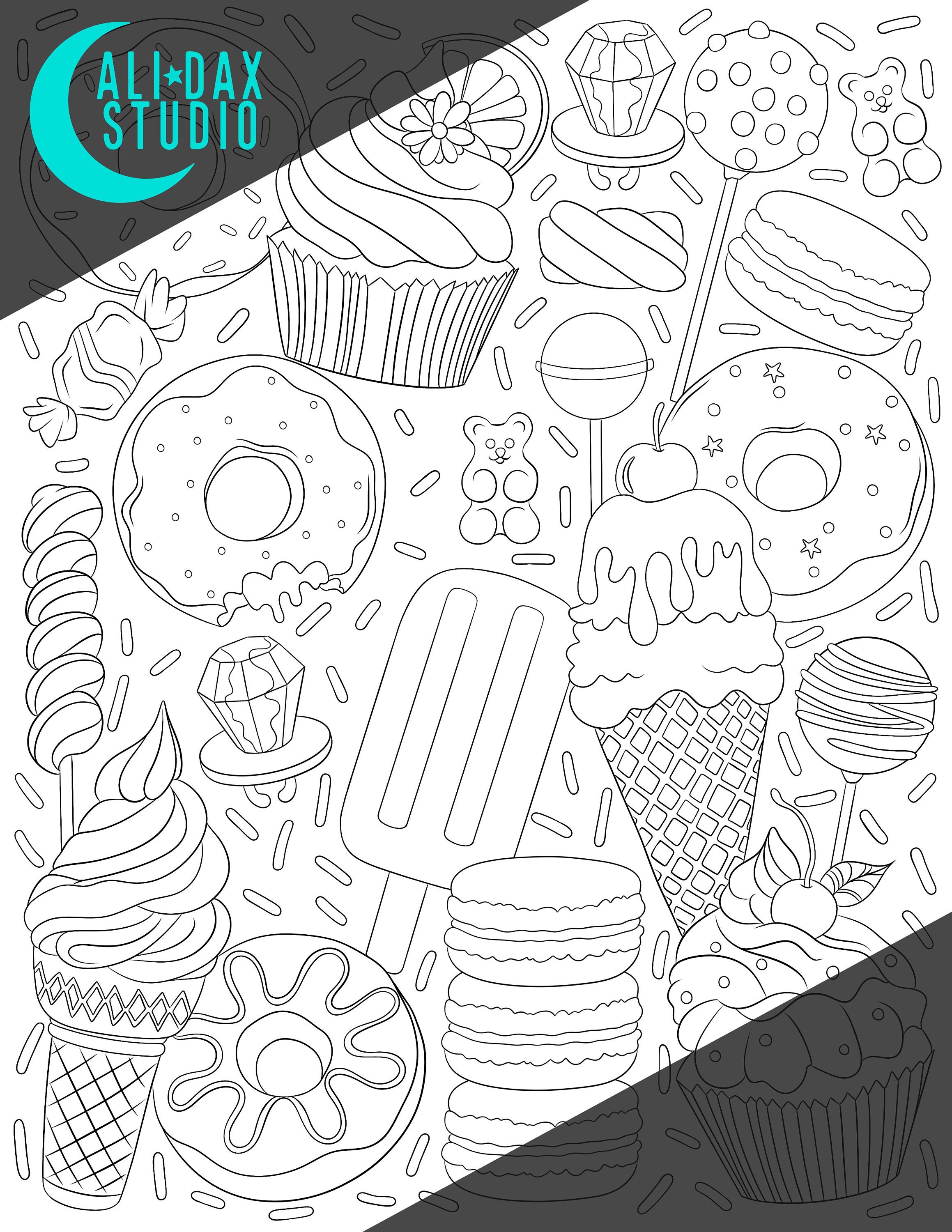 Sweets and Treats Printable Coloring Page for Adults & Kids, Hand Drawn ...